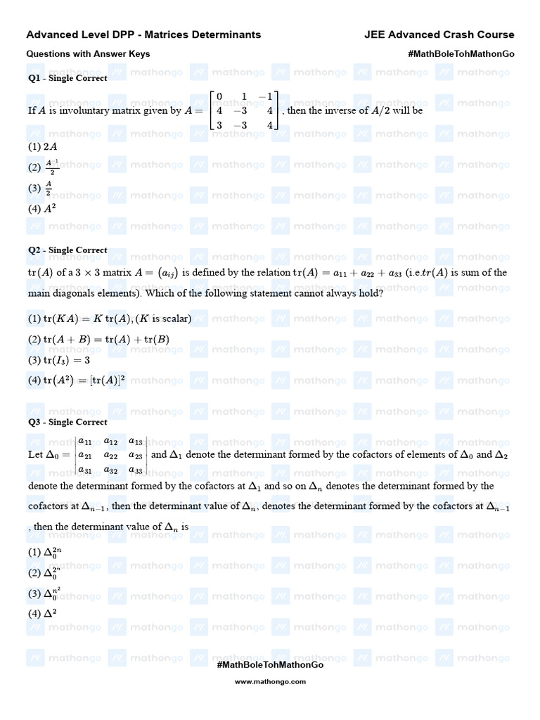 Advanced Level DPP Matrices Determinants Question Mathongo | Download Free PDF | Matrix ...