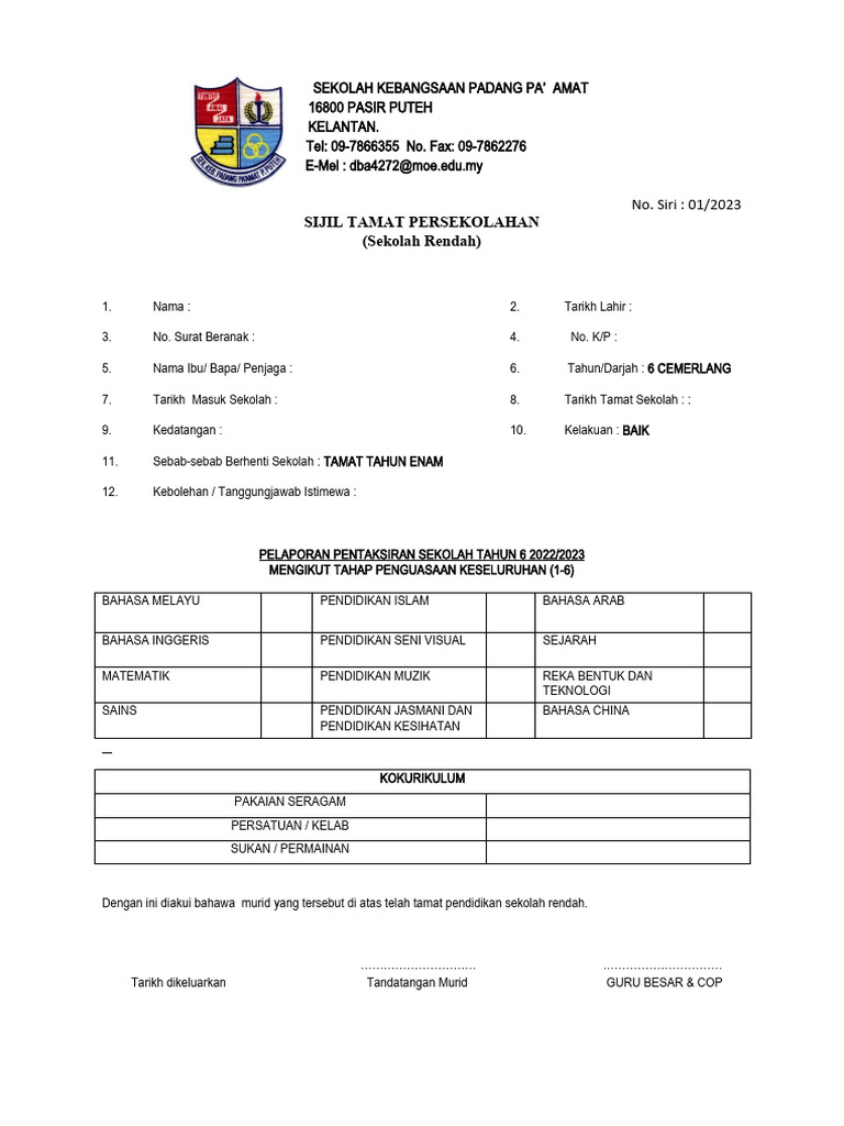 Sijil Tamat Sekola H t6 2022 | PDF