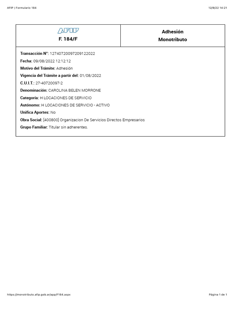 AFIP - Formulario 184 | PDF