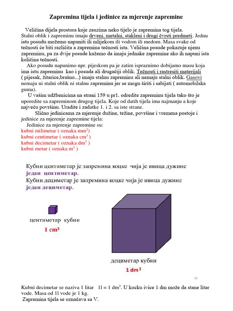 Zapremina Tijela I Jedinice Za Mjerenje Zapremine VI Razred Matematika | PDF