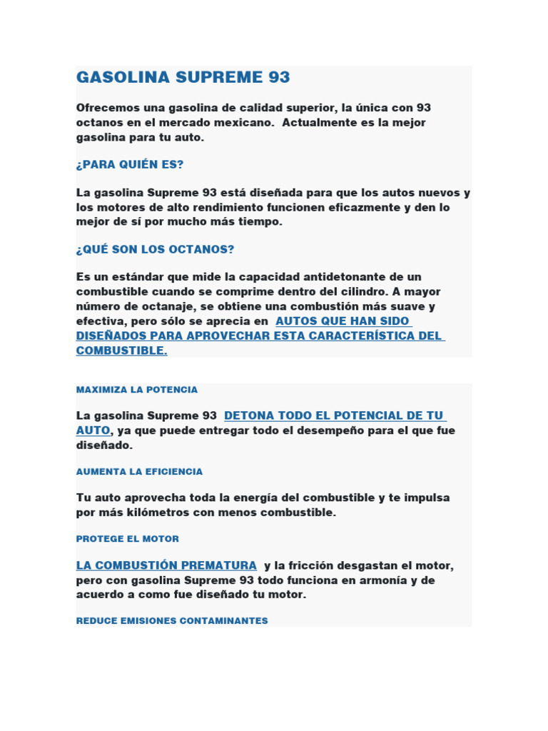 Gasolina Supreme 93: Potencia y Eficiencia | PDF