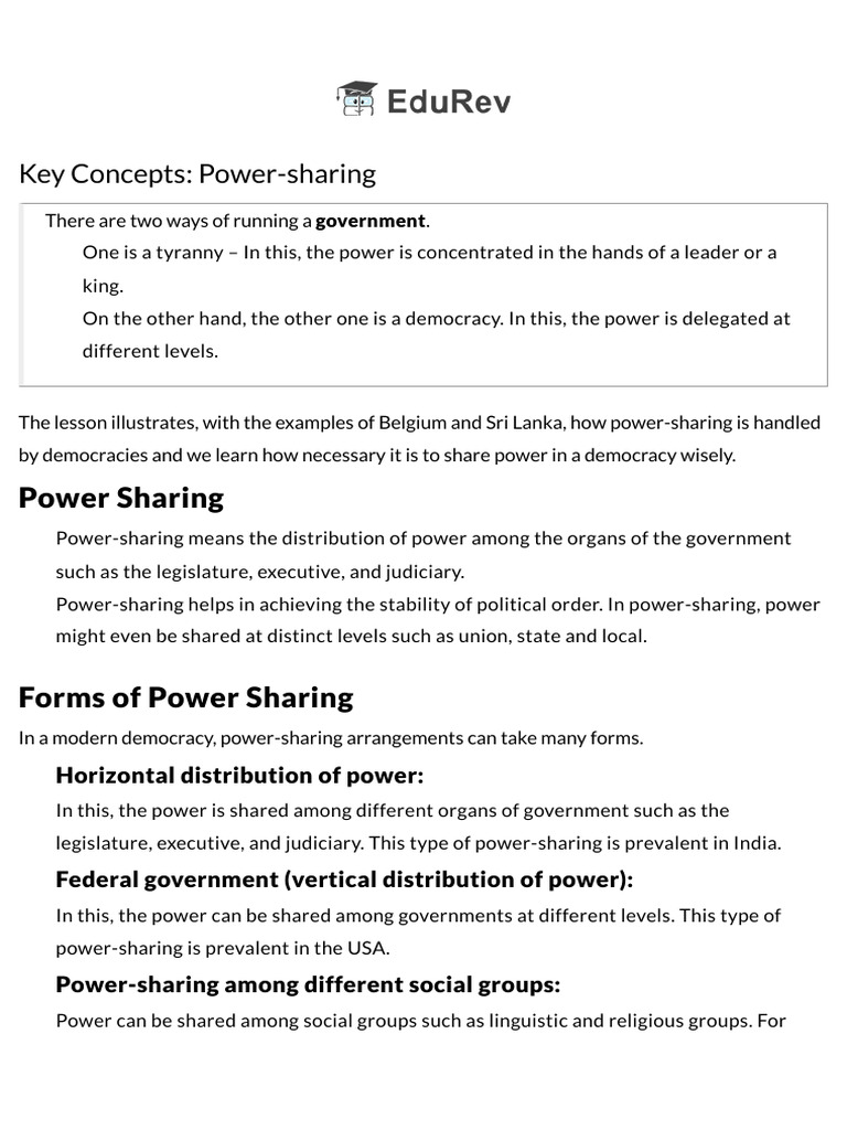 Key Concepts - Power-Sharing - Social Studies (SST) Class 10 PDF ...