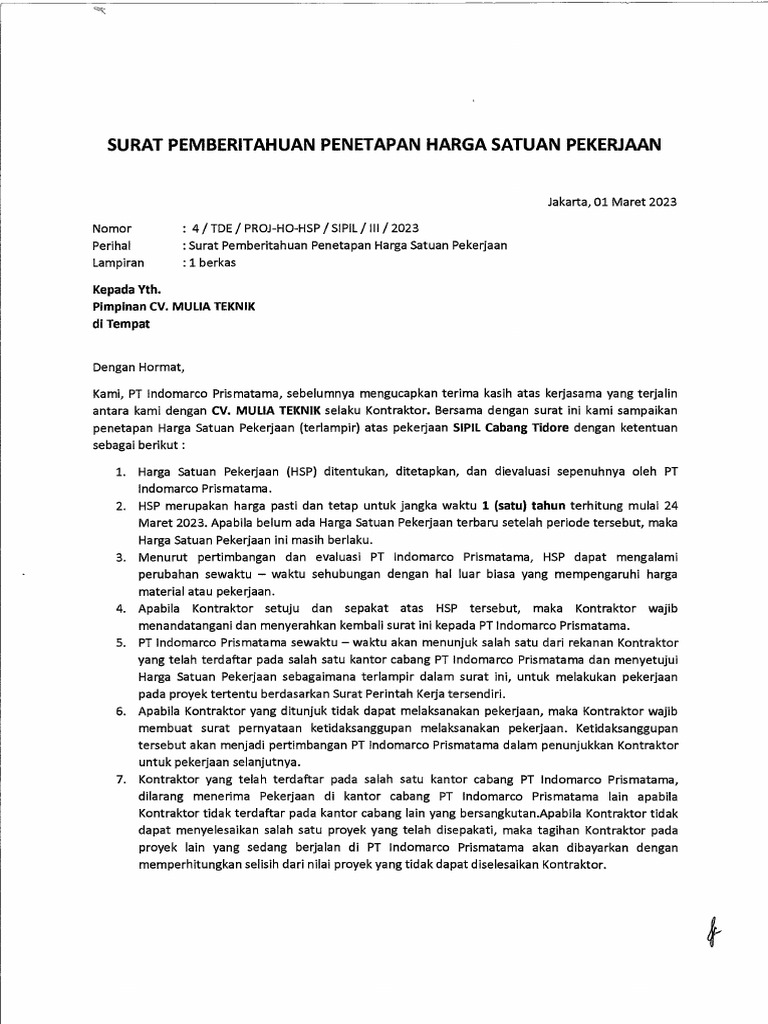 Approved Penetapan HSP Pek Sipil Cbg. Tde 2023 - Cv. Mulia Teknik | PDF
