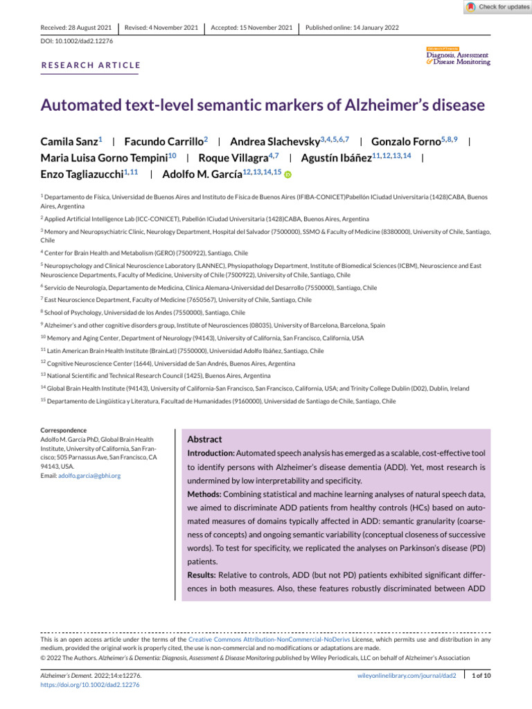 Alz Dem Diag Ass Dis Mo - 2022 - Sanz - Automated Text Level Semantic ...