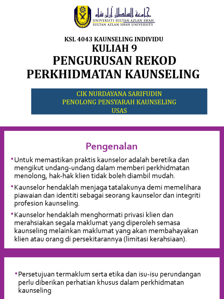 KSL 4043 Lecture 9 - Pengurusan Rekod Perkhidmatan Kaunseling | PDF