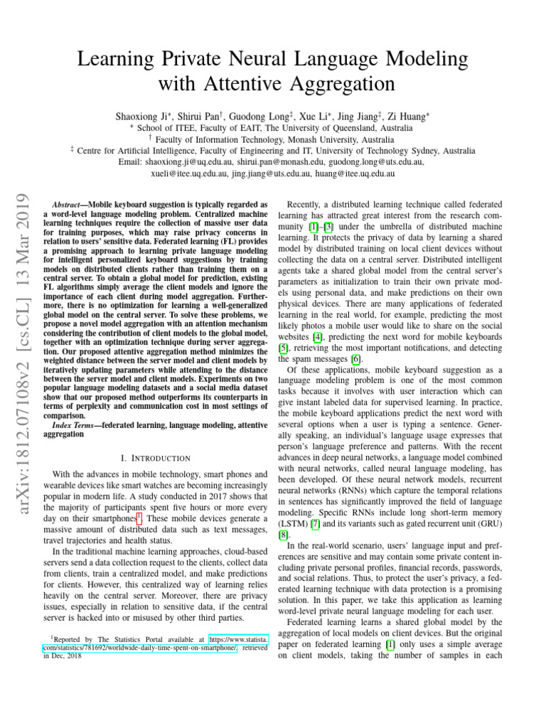Learning Private Neural Language Modeling With Attentive Aggregation | PDF | Artificial Neural ...