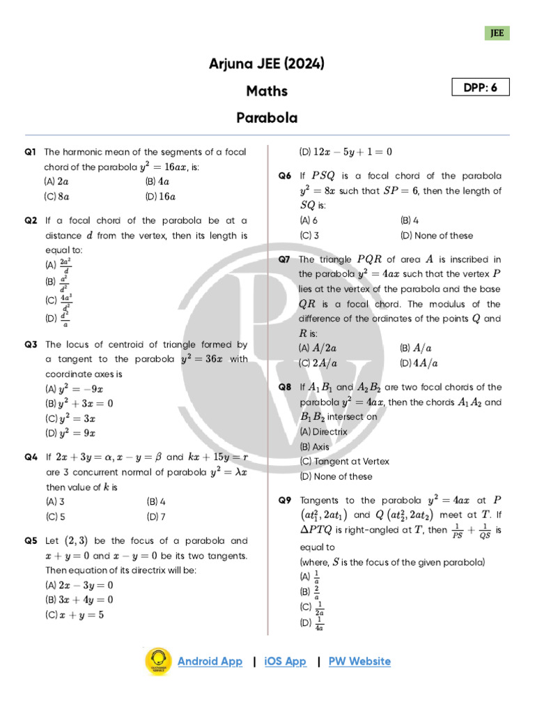 Parabola - DPP 06 (Of Lec 10) - Arjuna JEE 2024 | PDF | Algebraic Geometry | Euclid