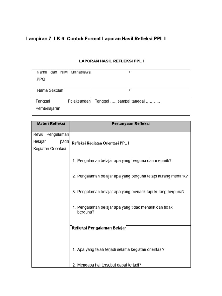 Lampiran 7. LK 6 Contoh Format Laporan Hasil Refleksi PPL I | PDF