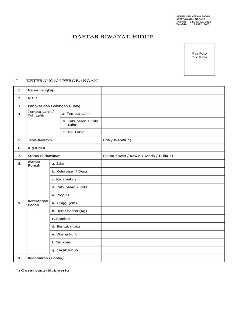 Daftar Riwayat Hidup Kepka BKN | PDF