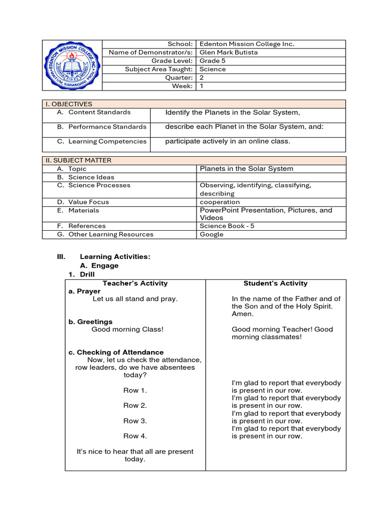 Grade 5 Solar System Lesson Plan | PDF | Planets | Solar System