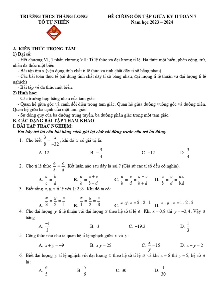 De Cuong Giua Ky 2 Toan 7 Nam 2023 2024 Truong Thcs Thang Long Ha Noi | PDF