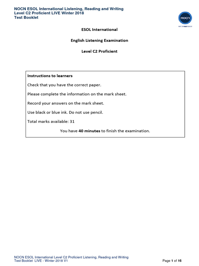 ESOL International English Listening Examination Level C2 Proficient ...