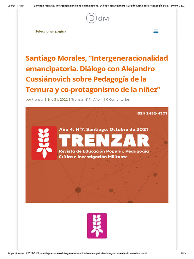 Santiago Morales, "Intergeneracionalidad Emancipatoria. Diálogo Con Alejandro Cussiánovich Sobre ...