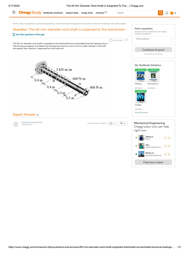 The 60 MM Diameter Solid Shaft Is Subjected To The... PDF | PDF ...