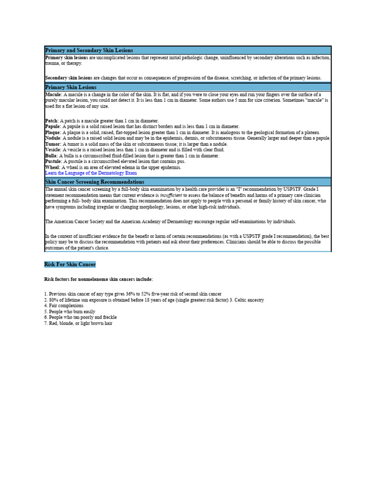 Understanding Primary and Secondary Skin Lesions | PDF | Cancer | Skin ...