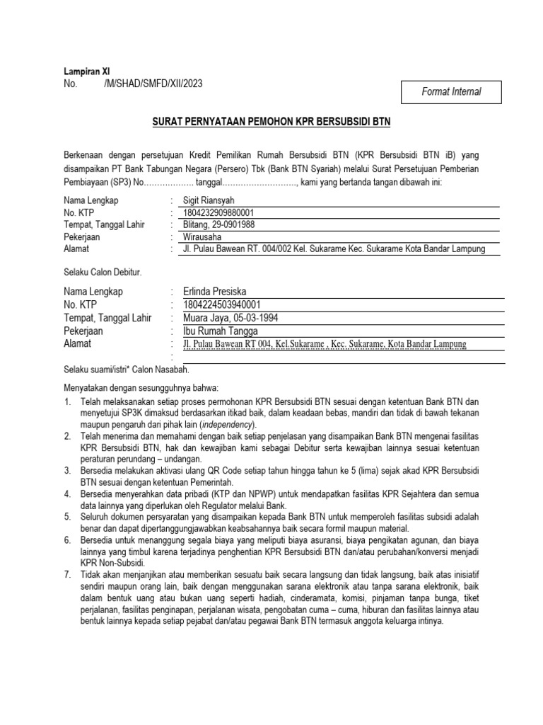 Surat Pernyataan BTN Internal | PDF