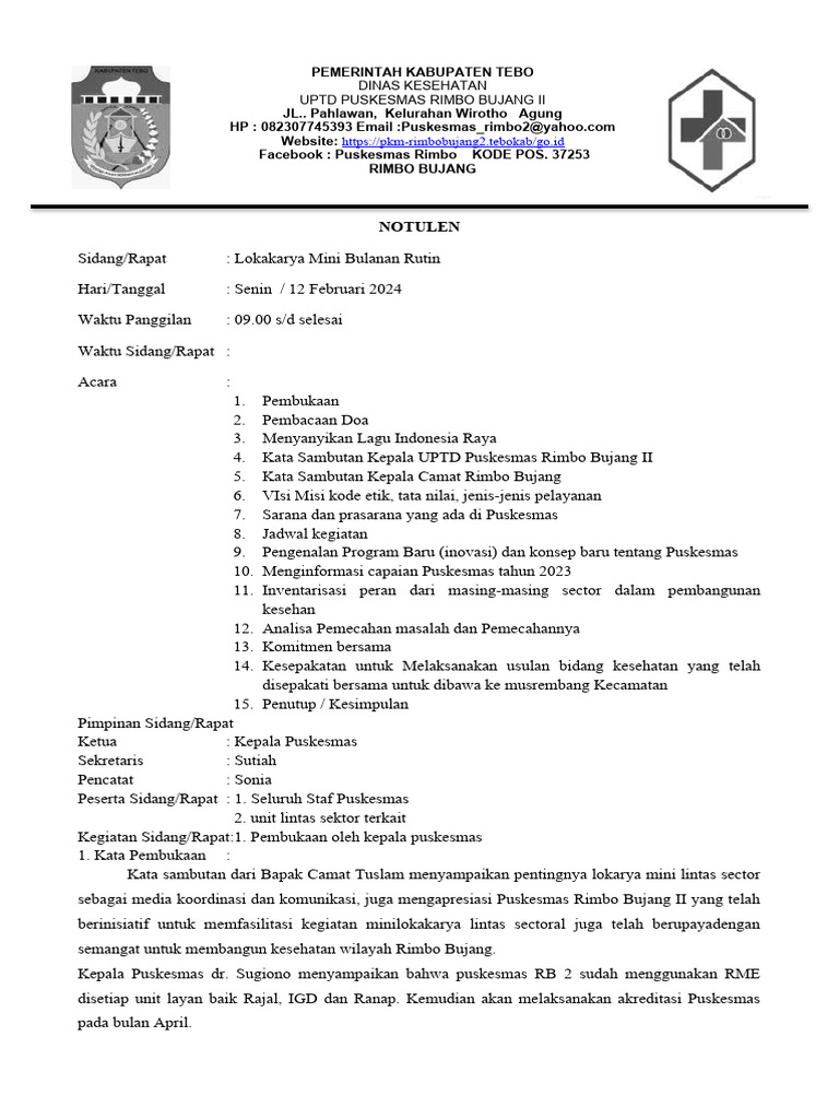 NOTULEN LOKMIN BULANAN PERTAMA 2024 Linsek-1 | PDF