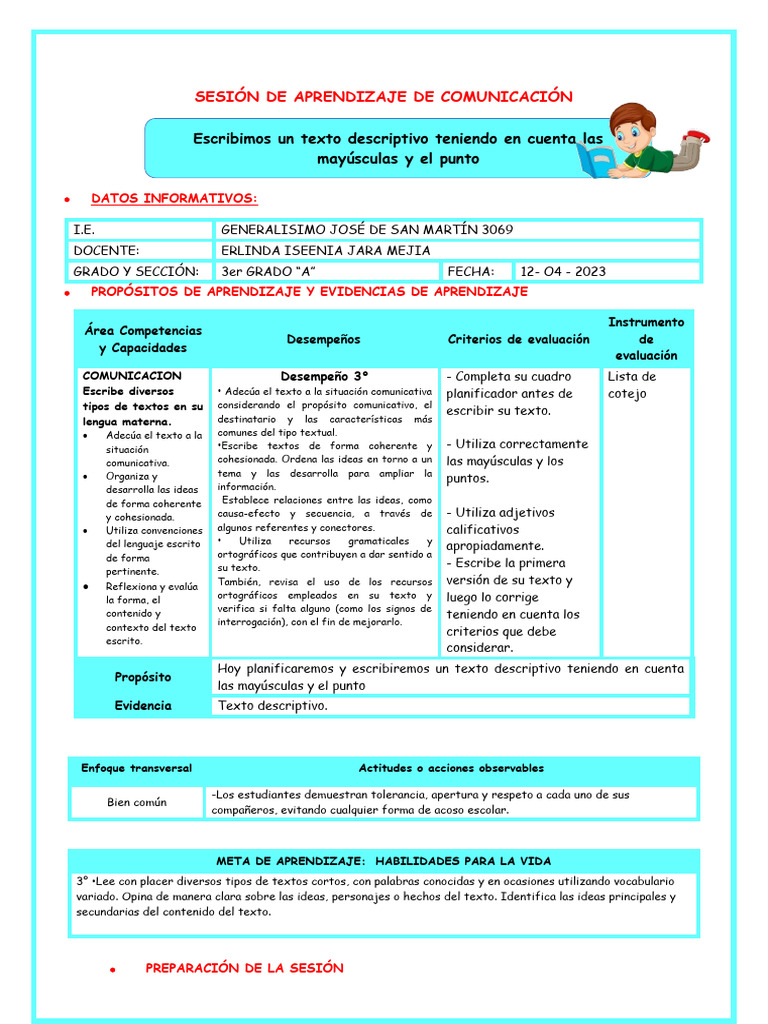 Sesión De Aprendizaje Texto Descriptivo Pdf Aprendizaje Evaluación