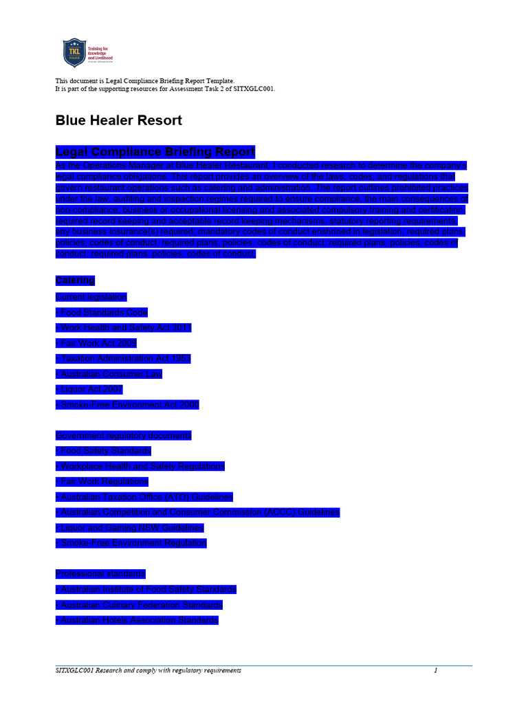 Legal Compliance Briefing Report Template | PDF | Regulatory Compliance ...