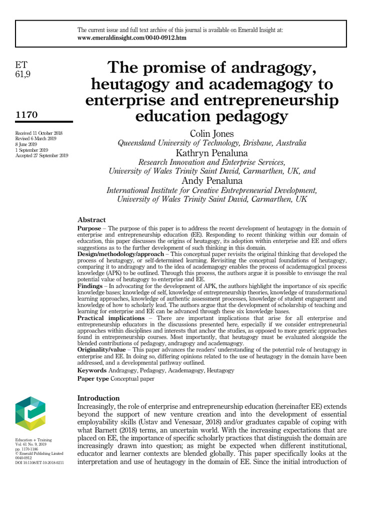 The Promise of Andragogy-Pedagogy-Heutagogy | PDF | Pedagogy | Learning