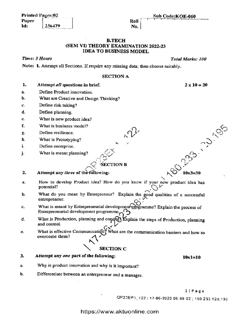Btech Oe 6 Sem Idea To Business Model Koe 060 2023 | PDF