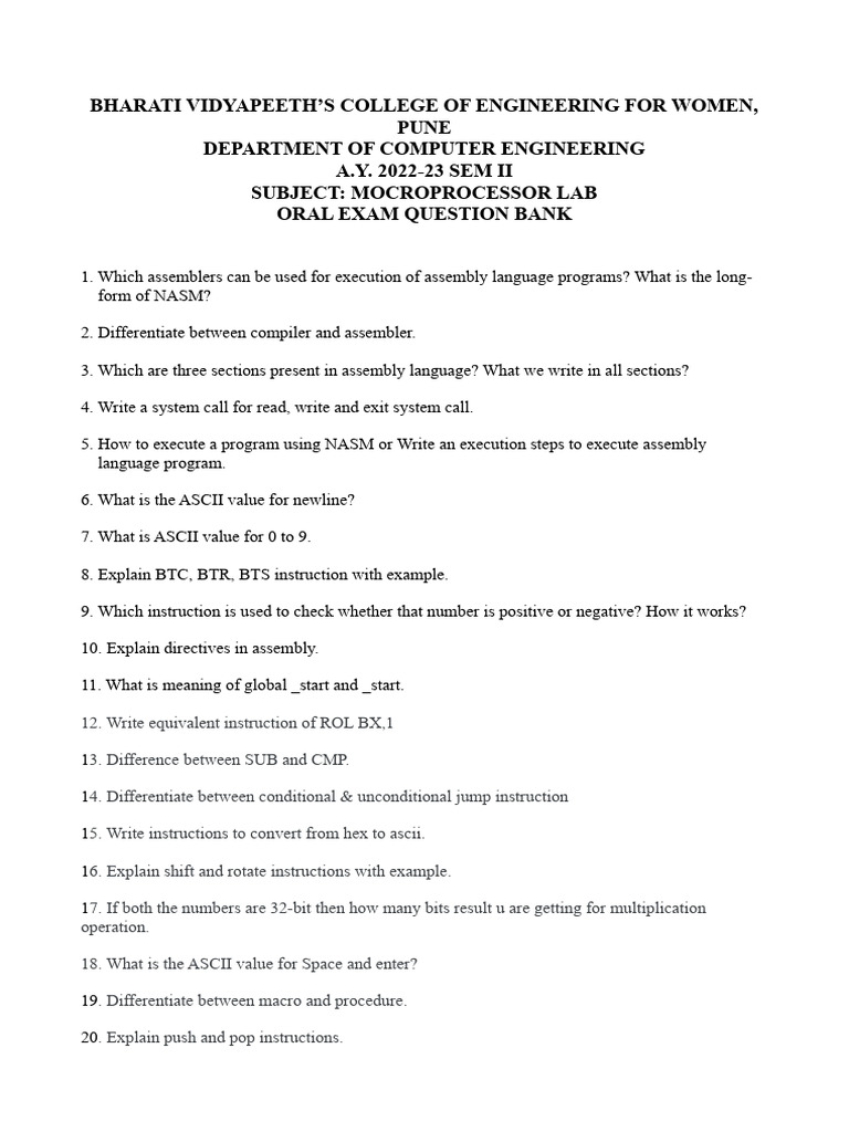 Microprocessor Lab Oral Exam Questions | PDF | Assembly Language | Computer Architecture
