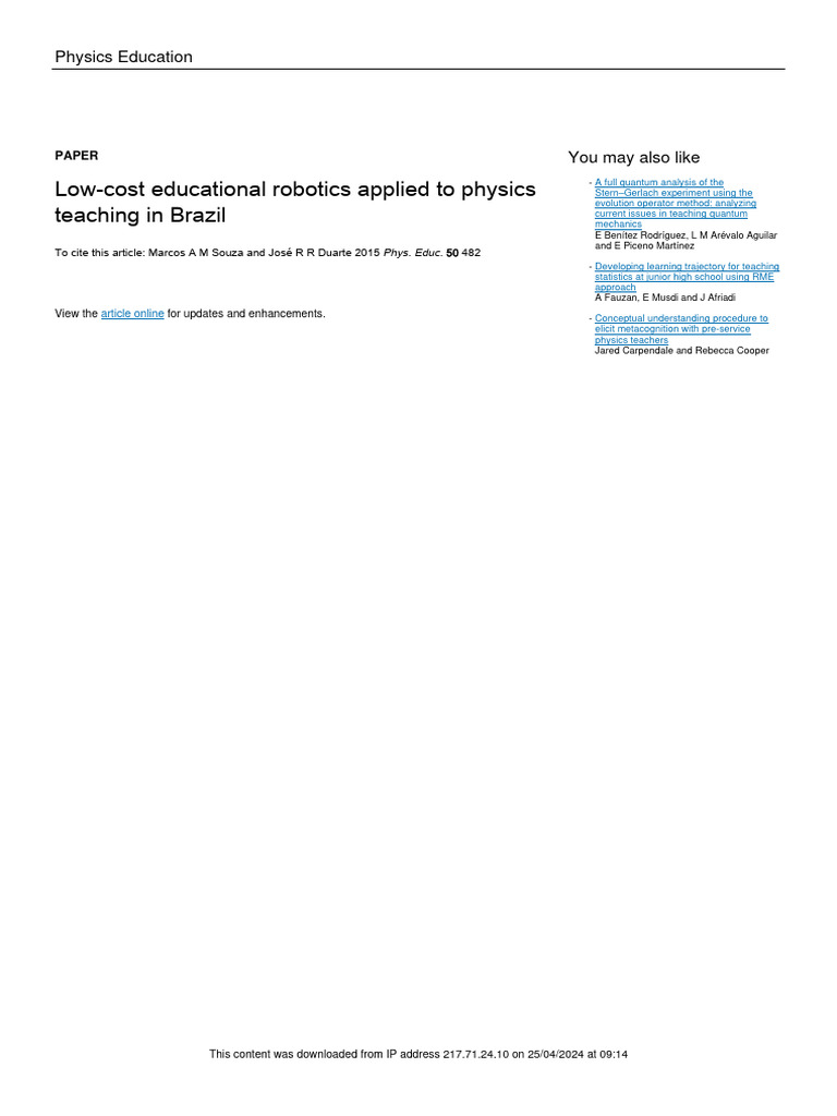Souza 2015 Phys. Educ. 50 482 | PDF | Robotics | Physics