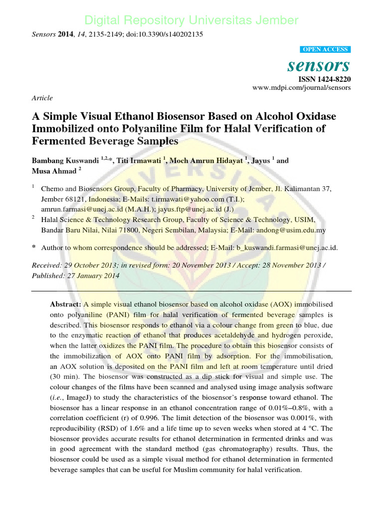 F. TP - Jurnal - Jayus - A Simple Visual Ethanol Biosensor | PDF ...