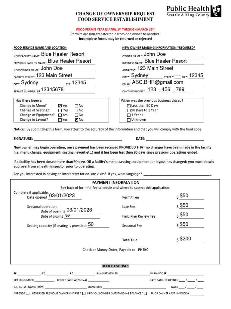 Food Service Establishment Change of Ownership Request Form | PDF | Fee ...