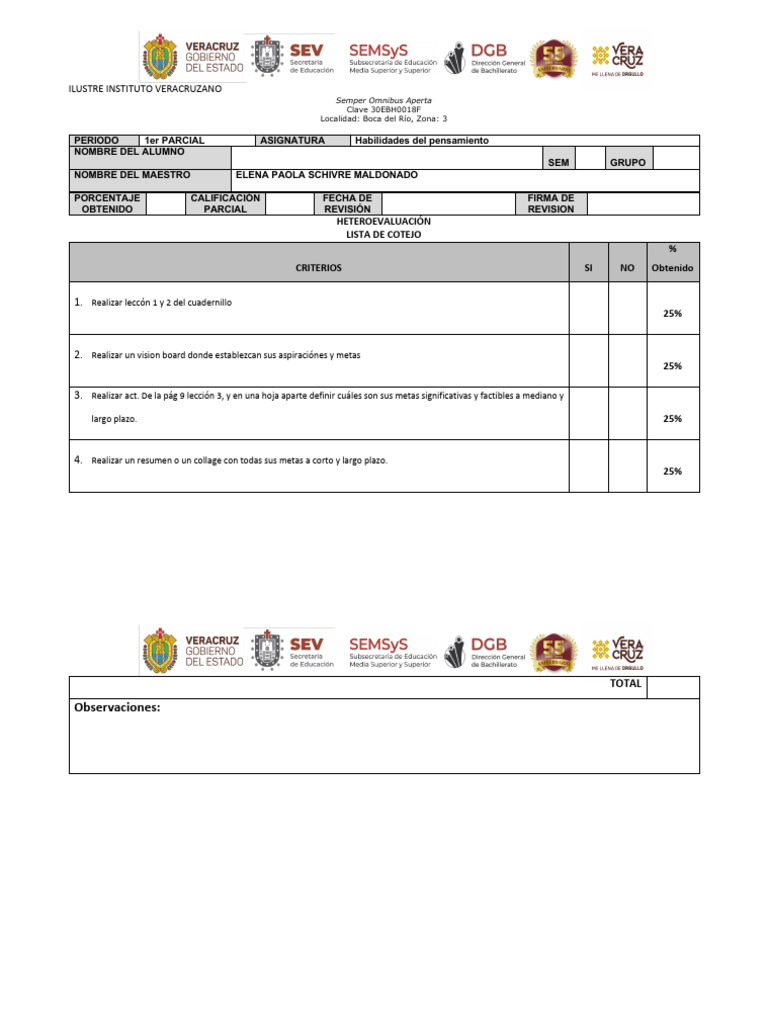 Lista de Cotejo Hab Pens | PDF