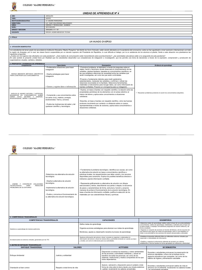 UNIDAD DE APRENDIZAJE #4 - 3ERO DE SEC - Quimica | PDF | Aprendizaje | Importar