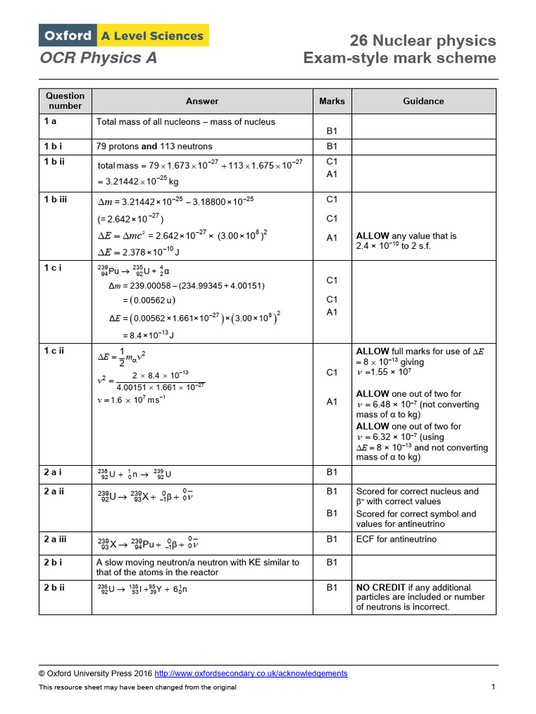 Chapter 26 Test - Mark Scheme | PDF | Atomic Nucleus | Neutron