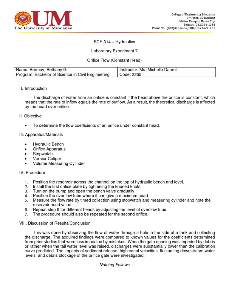 Lab 7 | PDF | Discharge (Hydrology) | Chemical Engineering