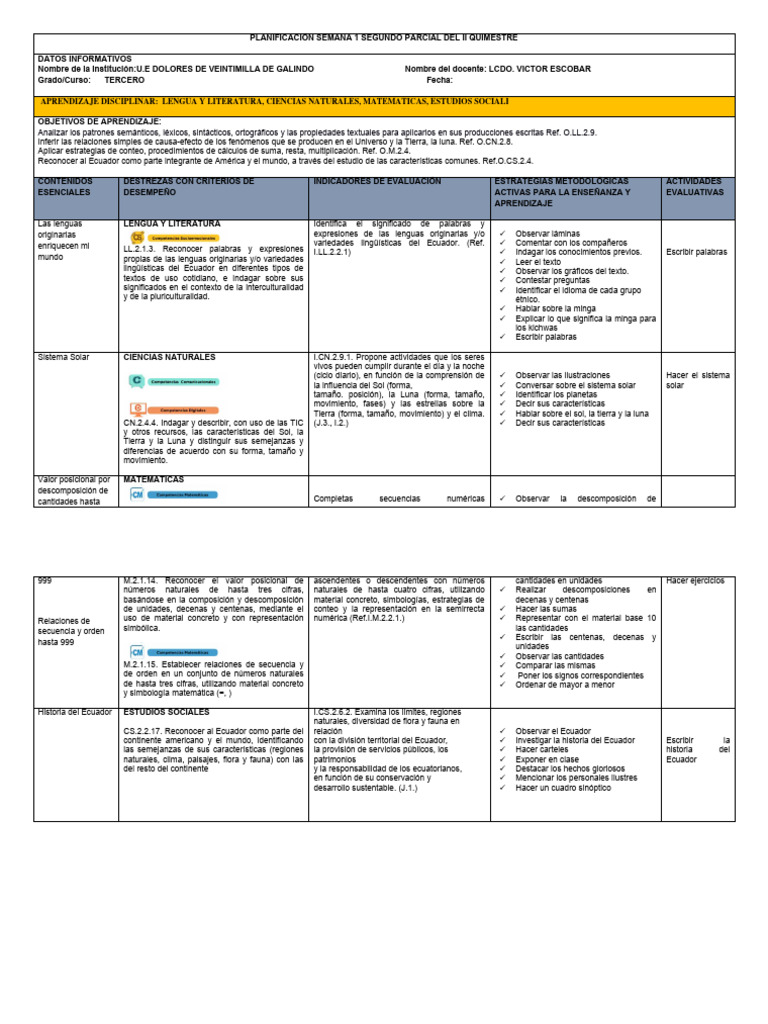 Planificación Educativa Tercer Grado | PDF | Aprendizaje | Sustracción