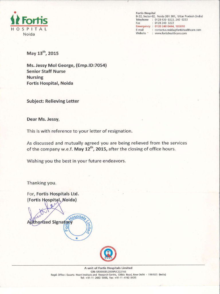 Relieving Letter for Jessy Mol George | PDF | Intensive Care Unit | Nursing