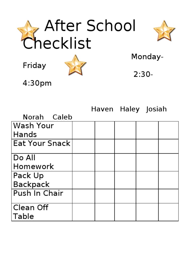 After School Checklist for Kids | PDF | Wellness