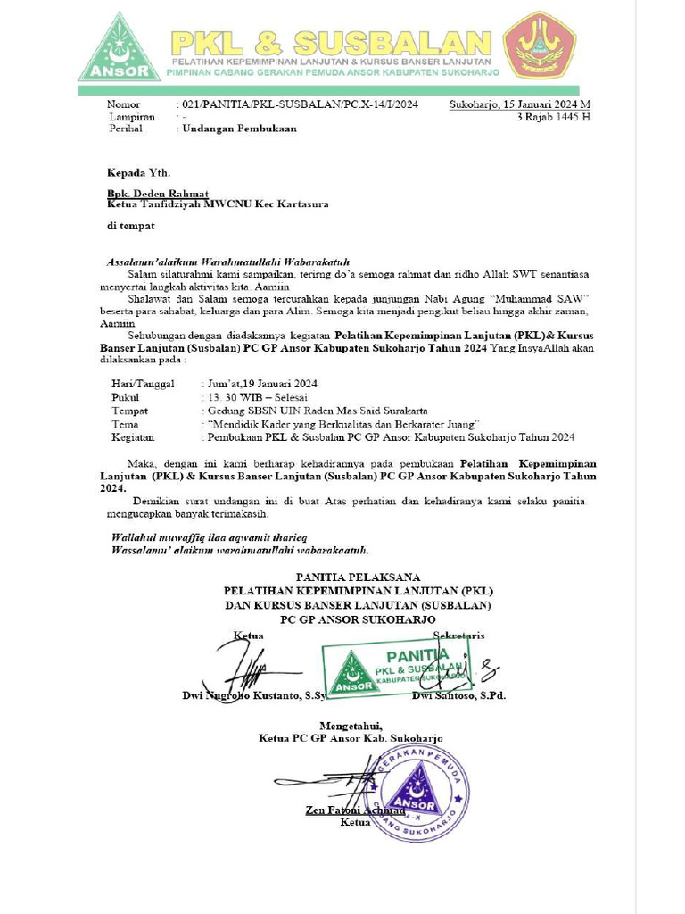 Surat Undangan Pembukan PKL Susbalan - Pak Deden Mwcnu | PDF