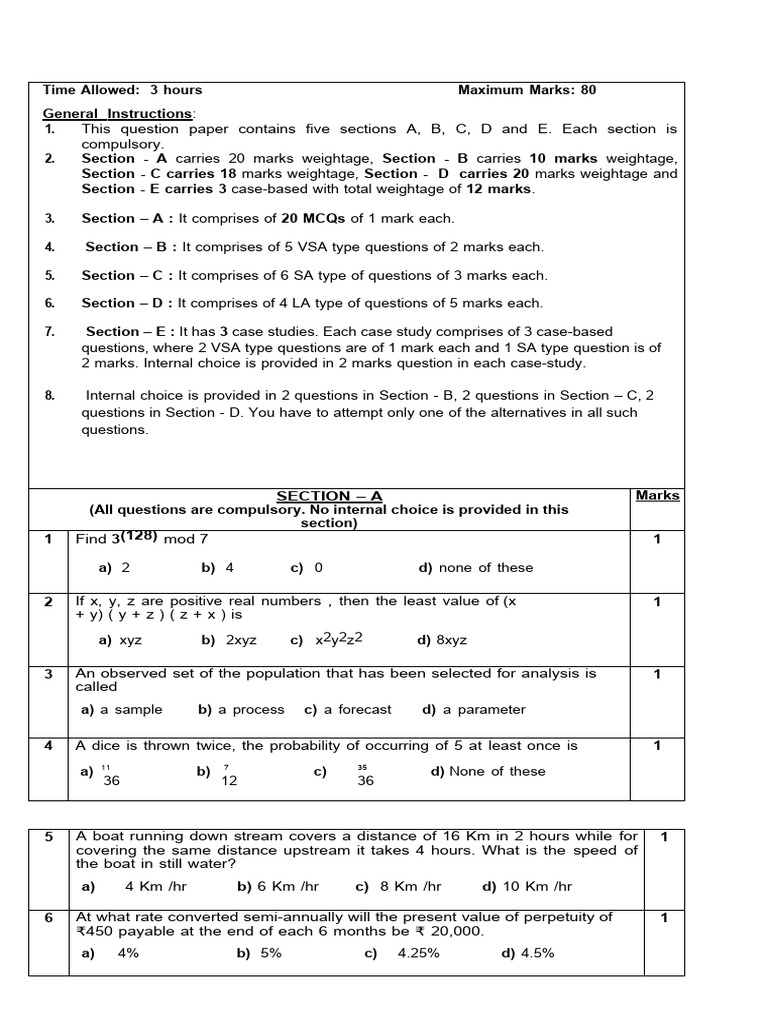 Applied Mathematics Sample Papers 2022-23 | PDF | Applied Mathematics