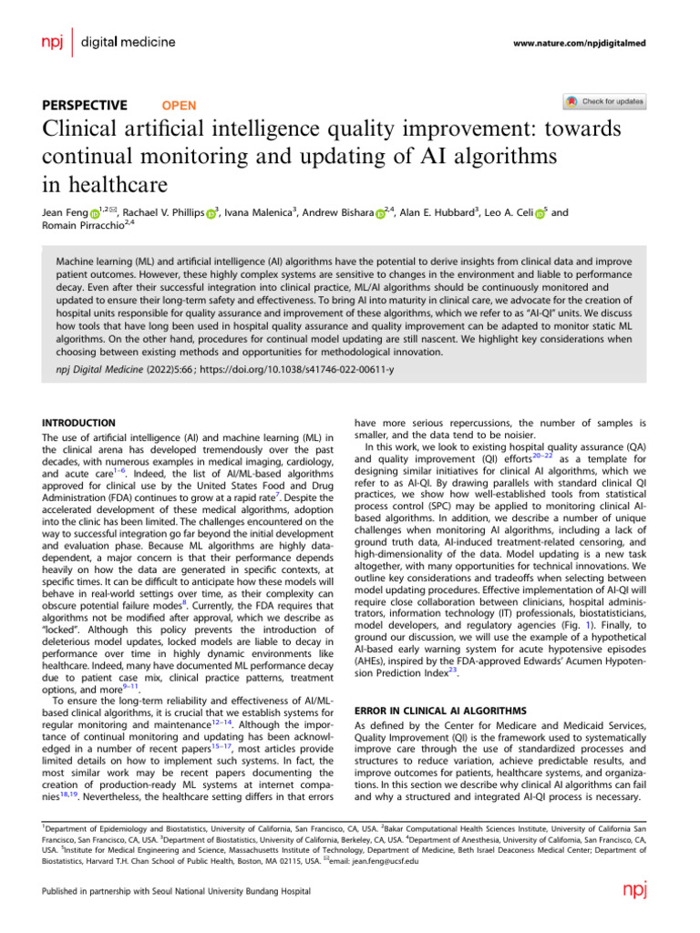 Clinical Artificial Intelligence Quality Improvement - AI Algorithms in ...