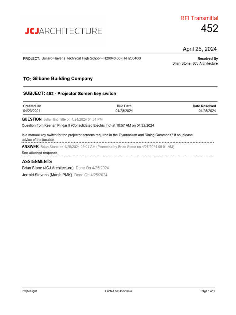 RFI 452 - Projector Screen Key Switch-JCJ Response | PDF | Technology & Engineering