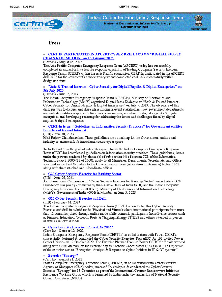 CERT-In Press | PDF | Security | Computer Security