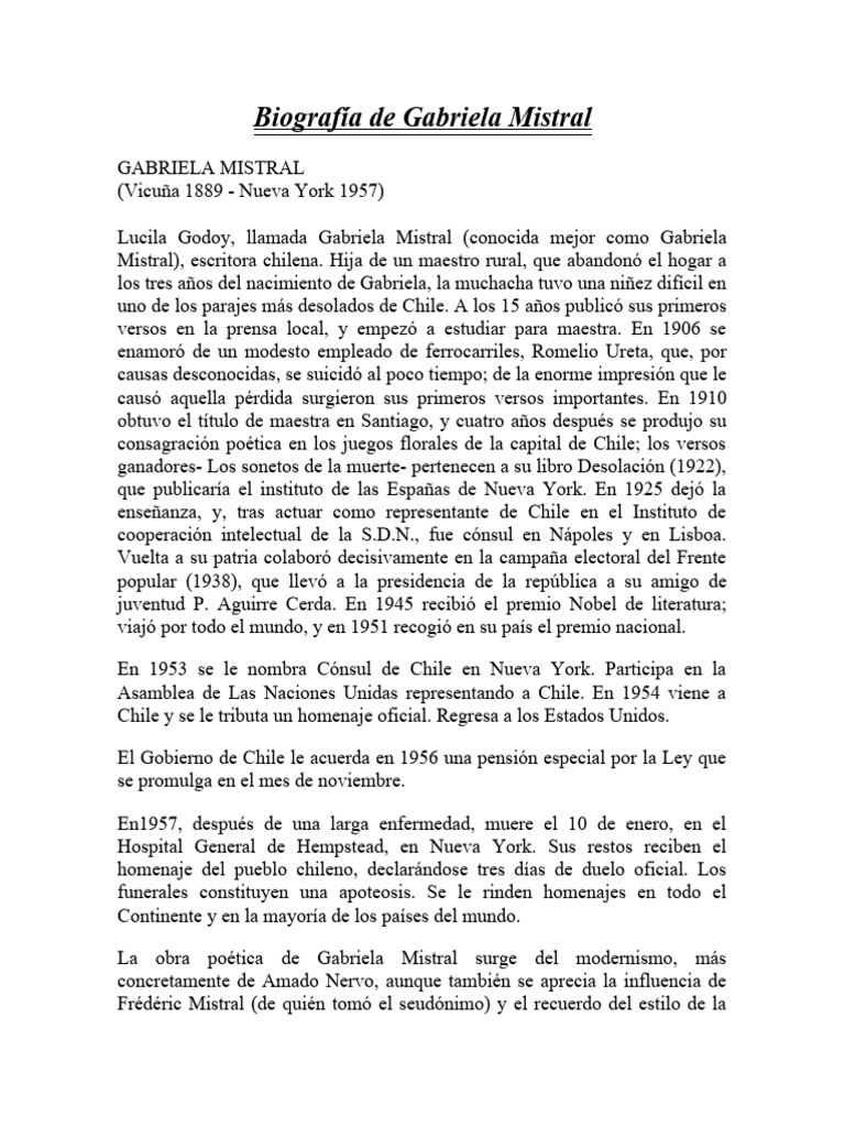 Biografía de Gabriela Mistral | PDF