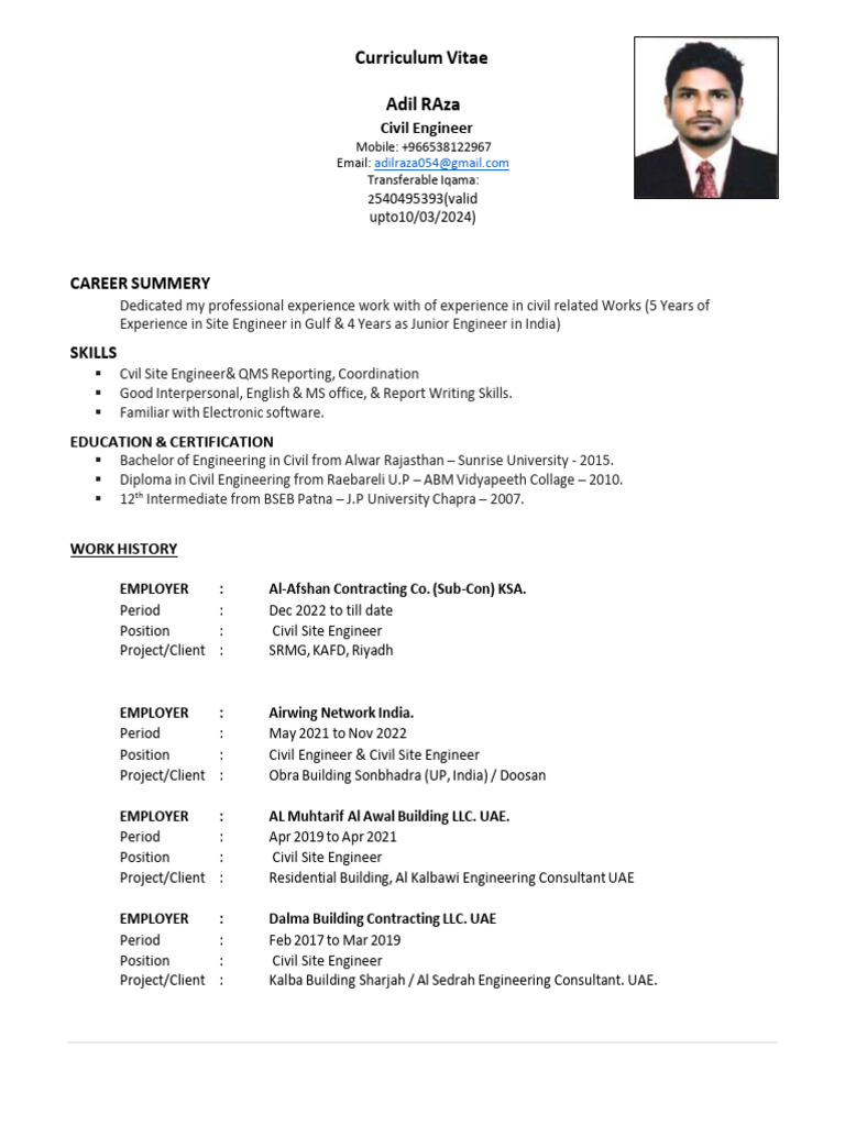 Adil Raza Site Engineer CV 2 | PDF | Engineering