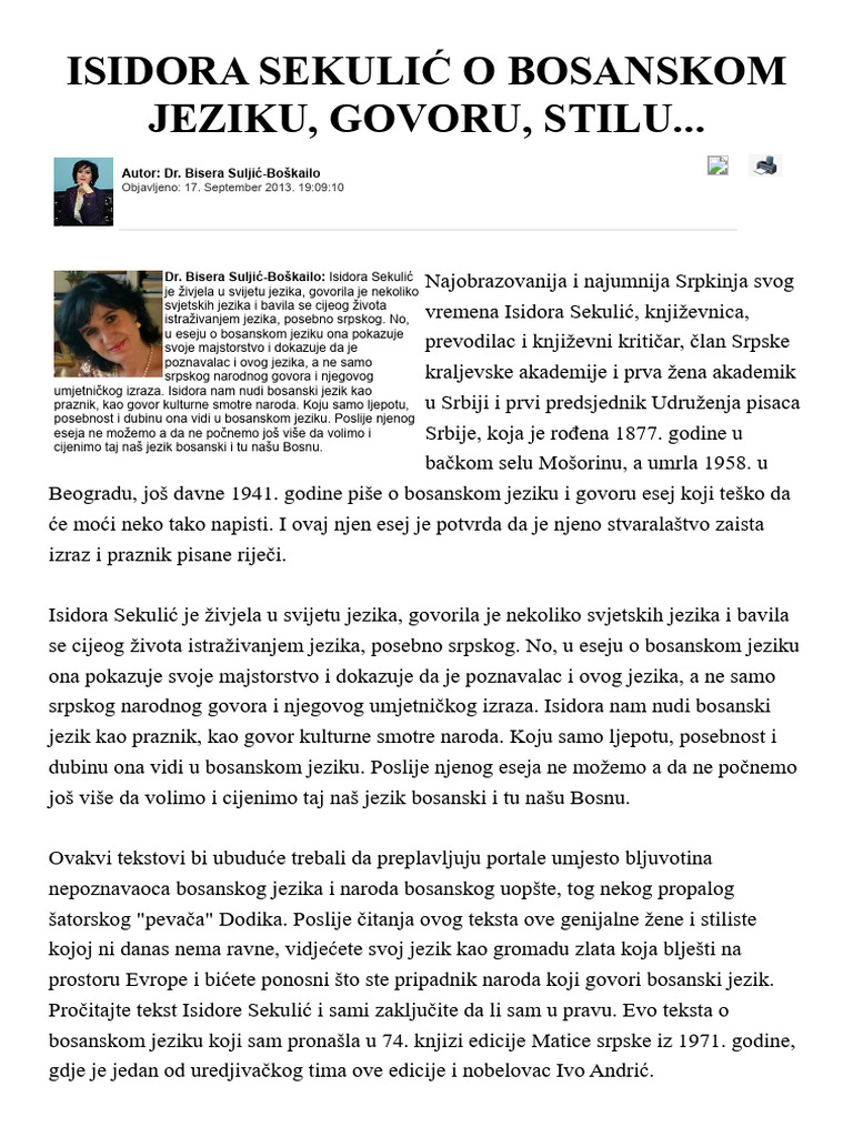 Isidora Sekulić o Bosanskom Jeziku, Govoru, Stilu | PDF