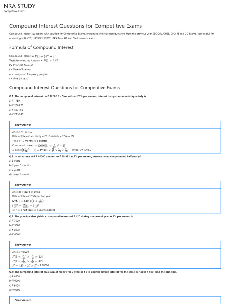Compound Interest Questions for Competitive Exams - NRA STUDY | PDF ...
