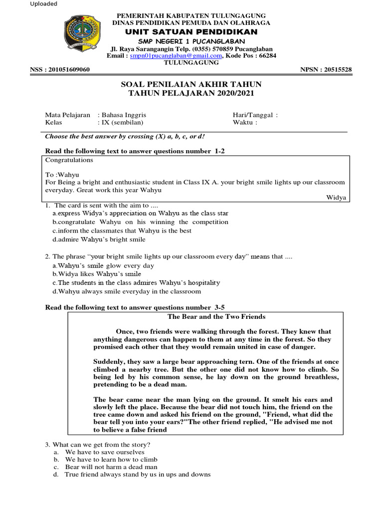 Soal Kls 9 PAT 2 | PDF | Supermarket | Tofu