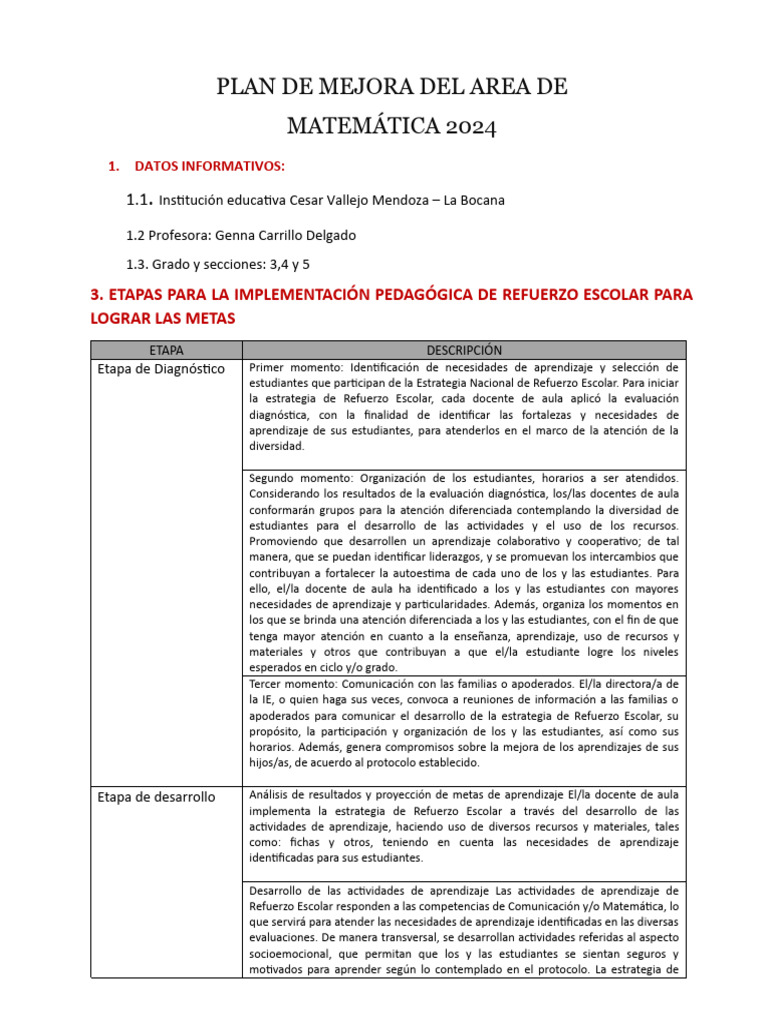 Plan Mejora Matemática 2024 | PDF | Evaluación | Aprendizaje