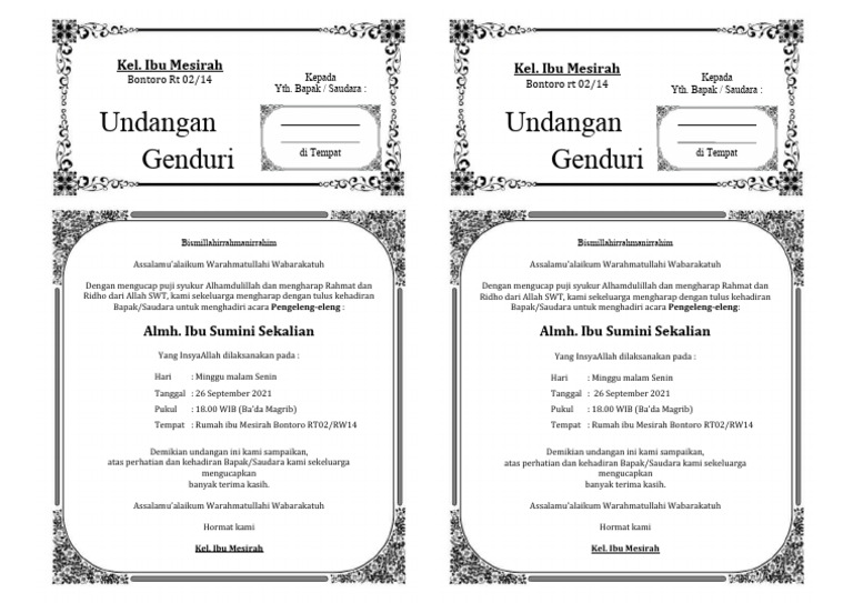 Undangan Pengeleng-eleng Almh. Ibu Sumini | PDF