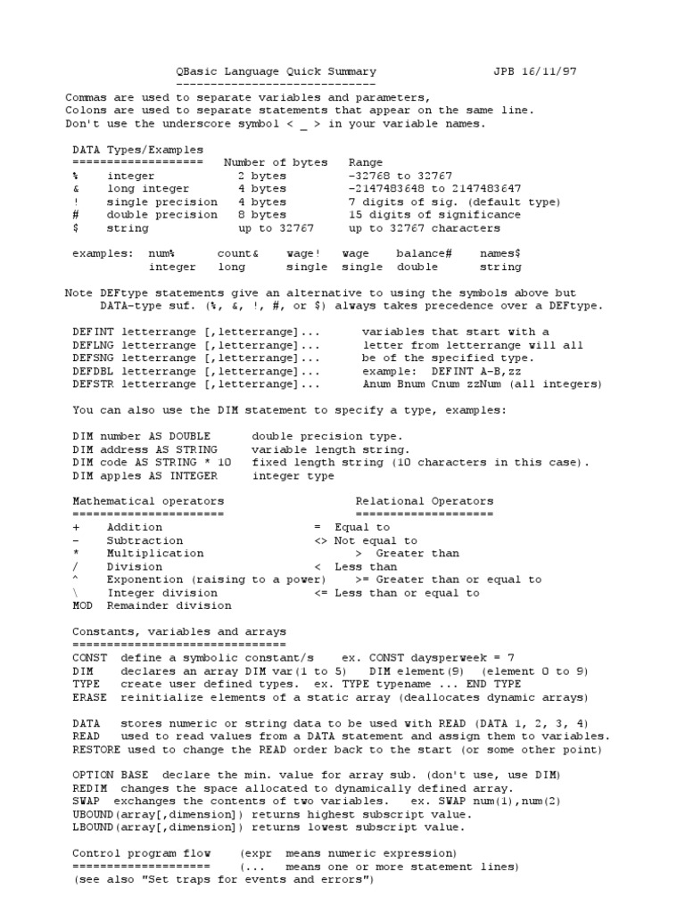 Qbasic Summary Pdf Subroutine Parameter Computer Programming