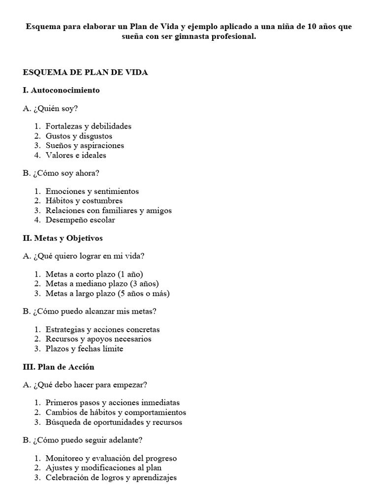 Plan De Vida Esquema Y Ejemplo Práctico Pdf Gimnasia Motivación